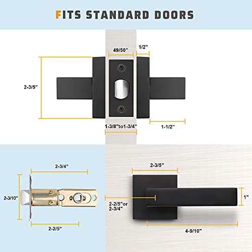KNOBWELL 4 Pack Contemporary Square Door Handle Passage, Black Door Handles Inside, Interior Door Knob Set, Matte Black (No Lock/Key)
