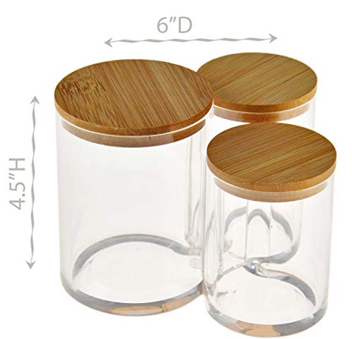 ARAD Cotton Ball, Swab, Q-tip Storage Set, 1-Piece, 3 Compartment, Clear Acrylic Jar Container with Bamboo Lid, Easy Organization on Bathroom Counters, Under-Sink Placement-6"D x 4.5" H