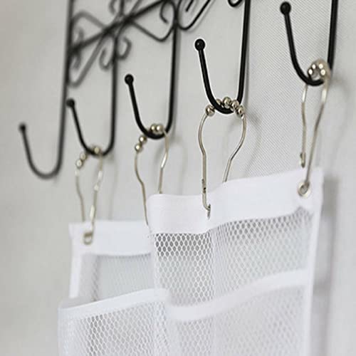 Mesh Shower Curtain Organizer Bag,6 Pockets Hanging Caddies Quick Dry Bathroom Shower Curtain Rod/Liner Toy Shampoo-Soap-Razor Holder Hanger Storage Pocket with 4 Hanging Ring 2 Suction Cup Hooks