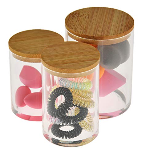 ARAD Cotton Ball, Swab, Q-tip Storage Set, 1-Piece, 3 Compartment, Clear Acrylic Jar Container with Bamboo Lid, Easy Organization on Bathroom Counters, Under-Sink Placement-6"D x 4.5" H