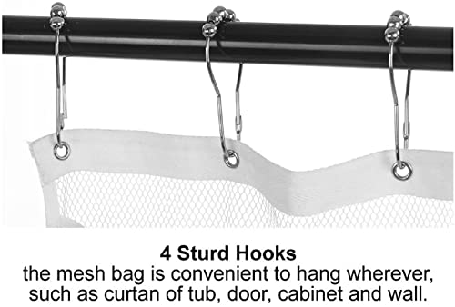 Mesh Shower Curtain Organizer Bag,6 Pockets Hanging Caddies Quick Dry Bathroom Shower Curtain Rod/Liner Toy Shampoo-Soap-Razor Holder Hanger Storage Pocket with 4 Hanging Ring 2 Suction Cup Hooks