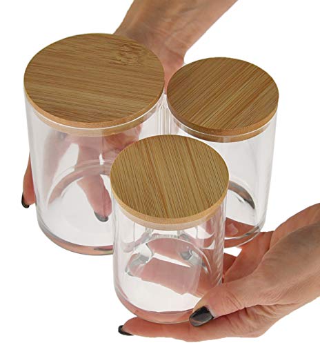 ARAD Cotton Ball, Swab, Q-tip Storage Set, 1-Piece, 3 Compartment, Clear Acrylic Jar Container with Bamboo Lid, Easy Organization on Bathroom Counters, Under-Sink Placement-6"D x 4.5" H