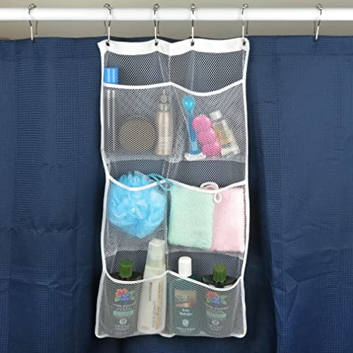 Mesh Shower Curtain Organizer Bag,6 Pockets Hanging Caddies Quick Dry Bathroom Shower Curtain Rod/Liner Toy Shampoo-Soap-Razor Holder Hanger Storage Pocket with 4 Hanging Ring 2 Suction Cup Hooks
