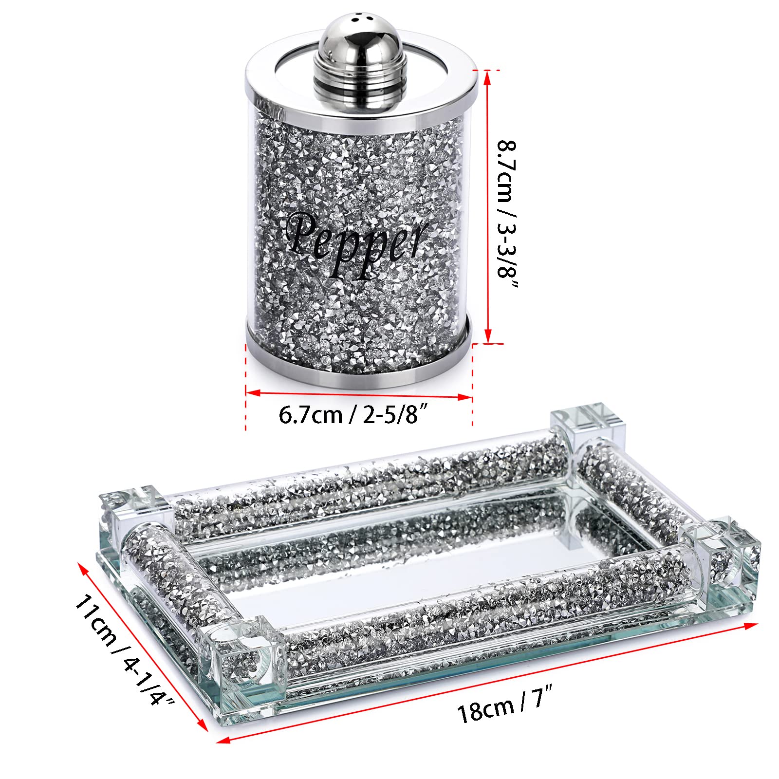 JUXYES Crushed Diamond Salt and Pepper Shakers With Tray, Luxurious Diamond Style Salt Pepper Shaker, Bling Glass Salt and Pepper Shakers, Sparkly Salt Pepper Glass Jar for Dining Table, Restaurant
