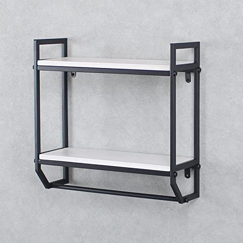 Bathroom Shelves 2-Tier Metal Industrial 16.9" Wall Mounted,Rustic Wall Shelf Over Toilet,Towel Rack with Towel Bar,Utility Storage Shelf Rack,Floating Shelves Towel Holder,Retro White