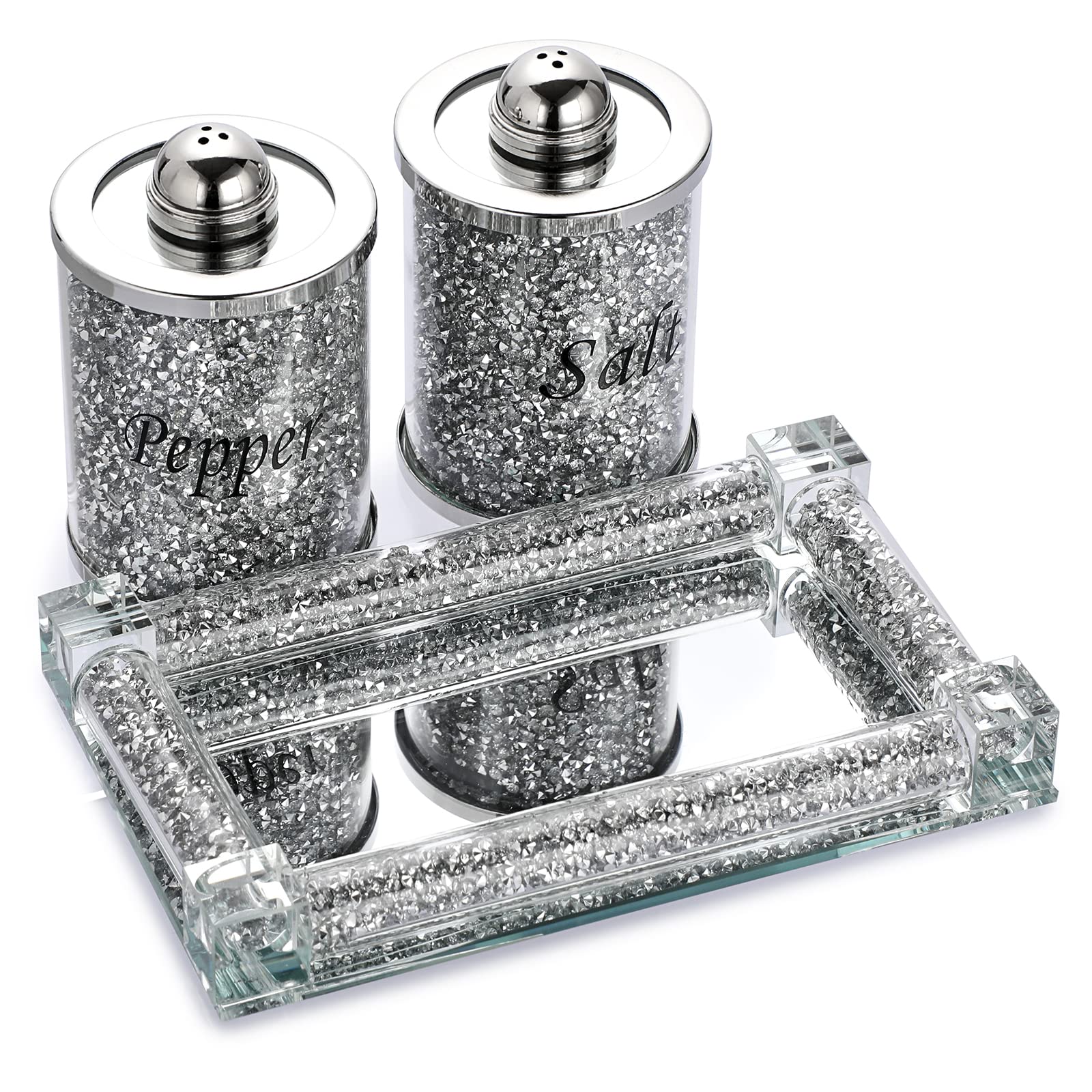 JUXYES Crushed Diamond Salt and Pepper Shakers With Tray, Luxurious Diamond Style Salt Pepper Shaker, Bling Glass Salt and Pepper Shakers, Sparkly Salt Pepper Glass Jar for Dining Table, Restaurant
