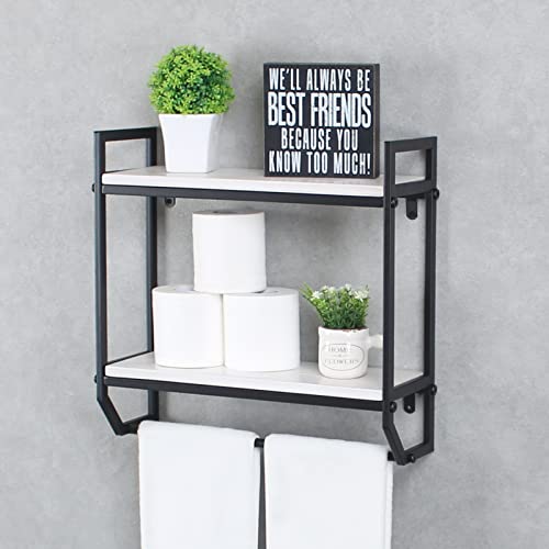 Bathroom Shelves 2-Tier Metal Industrial 16.9" Wall Mounted,Rustic Wall Shelf Over Toilet,Towel Rack with Towel Bar,Utility Storage Shelf Rack,Floating Shelves Towel Holder,Retro White