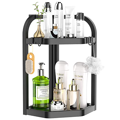 2-Tier Corner Bathroom Counter Organizer with Hooks, COORACK Bathroom Trays for Counter Vanity Organizer, Bathroom Sink Organizer Kitchen Spice Rack for Bathroom, Bedroom, Kitchen (Small)