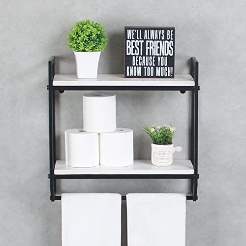 Bathroom Shelves 2-Tier Metal Industrial 16.9" Wall Mounted,Rustic Wall Shelf Over Toilet,Towel Rack with Towel Bar,Utility Storage Shelf Rack,Floating Shelves Towel Holder,Retro White