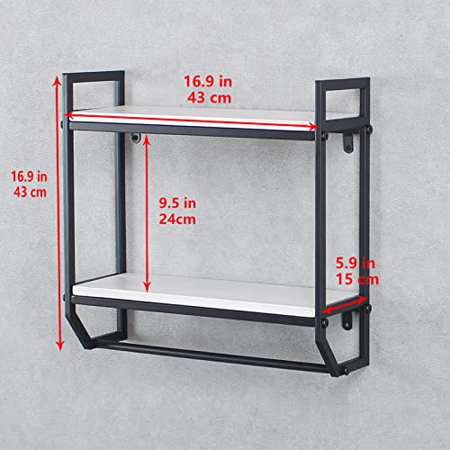 Bathroom Shelves 2-Tier Metal Industrial 16.9" Wall Mounted,Rustic Wall Shelf Over Toilet,Towel Rack with Towel Bar,Utility Storage Shelf Rack,Floating Shelves Towel Holder,Retro White