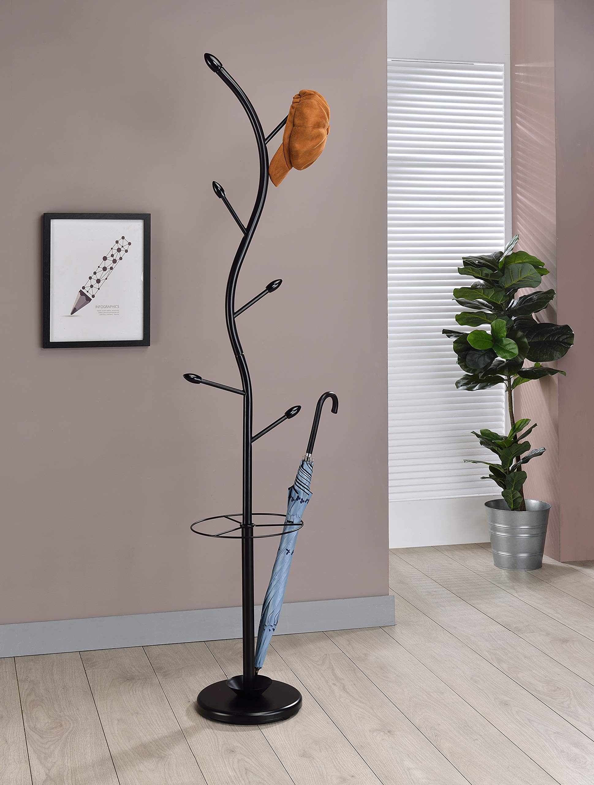 KB Designs - Entryway Hall Tree Coat Hat Rack and Umbrella Stand, Black