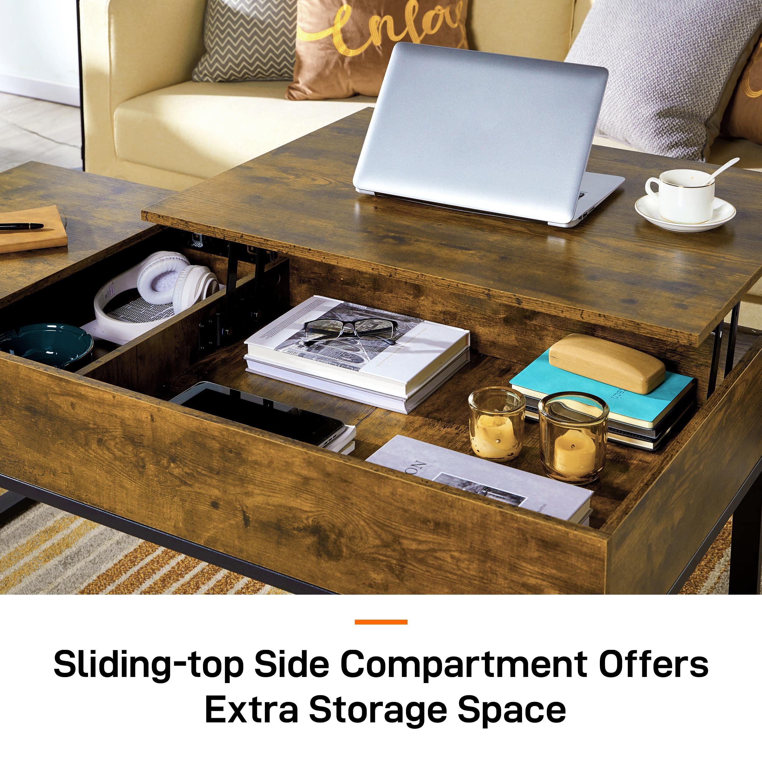 Yaheetech Lift Top Coffee Table with Storage, Industrial Coffee Table with Hidden Compartment & Lift Tabletop for Living Room, Rustic Brown