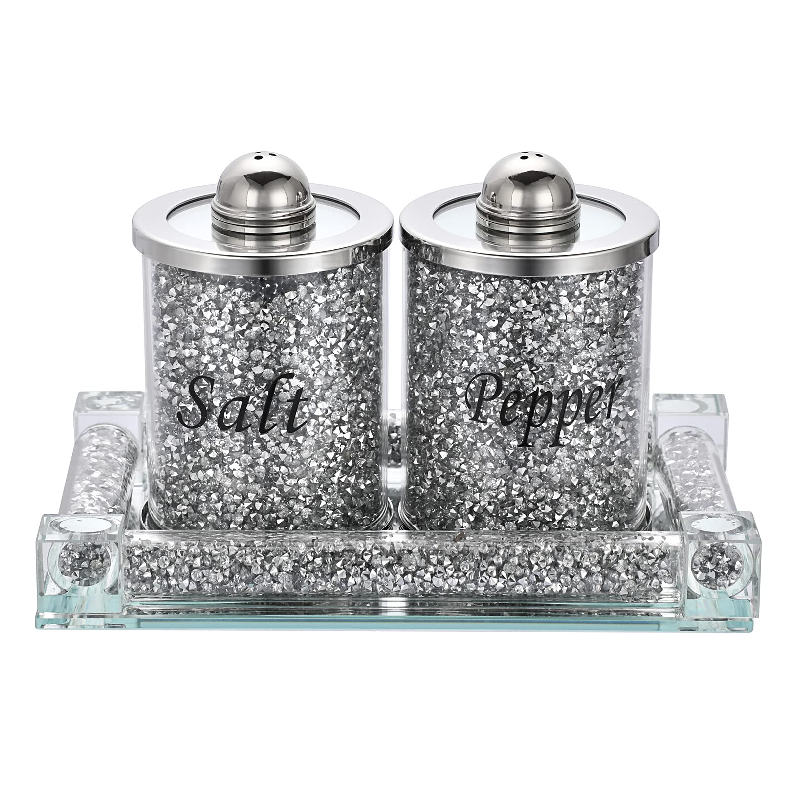 JUXYES Crushed Diamond Salt and Pepper Shakers With Tray, Luxurious Diamond Style Salt Pepper Shaker, Bling Glass Salt and Pepper Shakers, Sparkly Salt Pepper Glass Jar for Dining Table, Restaurant