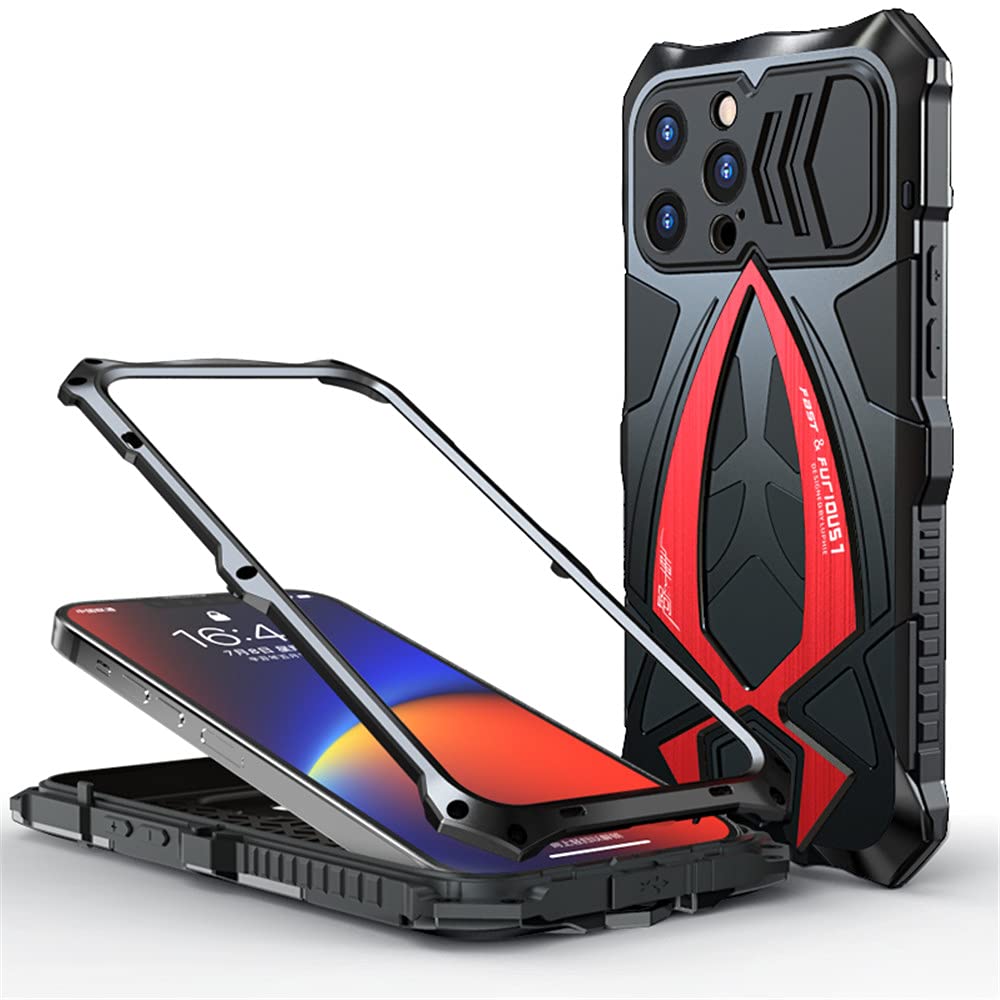 Metal Compatible with for iPhone 13 Pro Max Case 6.7 inch 2021 with Screen Protector Silicone 360° Full Camera Protection Shockproof Phone Case Fundas Black Red