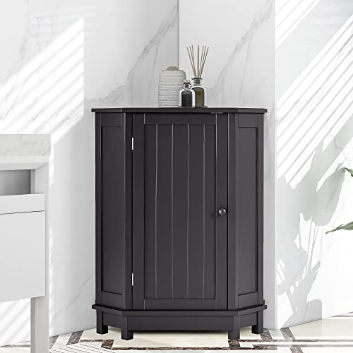 Merax Bathroom Cabinet, Toilet Medicine Storage Organizer, Triangle Corner Storage Cabinet with Adjustable Shelves, Black Brown