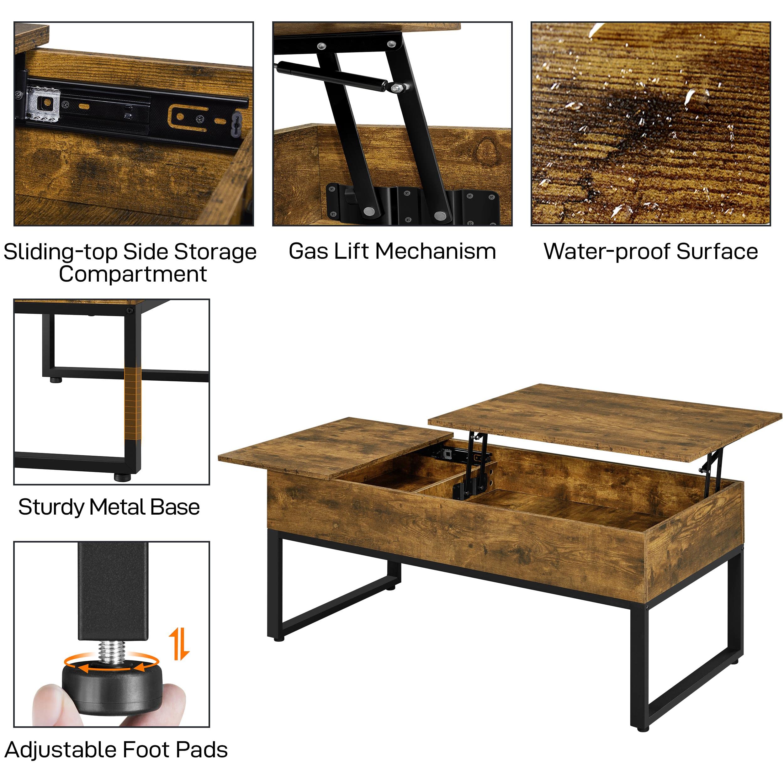 Yaheetech Lift Top Coffee Table with Storage, Industrial Coffee Table with Hidden Compartment & Lift Tabletop for Living Room, Rustic Brown