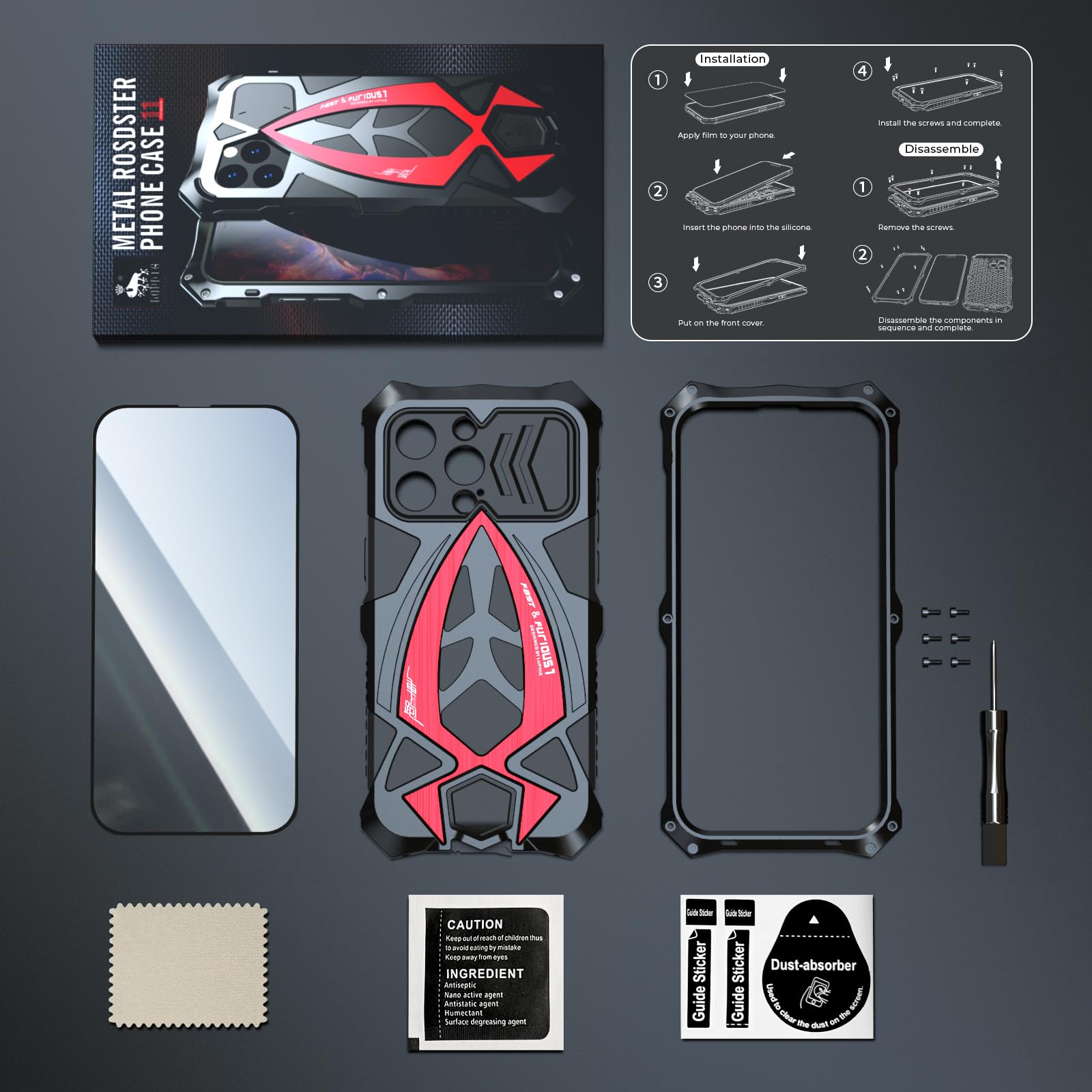 Metal Compatible with for iPhone 13 Pro Max Case 6.7 inch 2021 with Screen Protector Silicone 360° Full Camera Protection Shockproof Phone Case Fundas Black Red