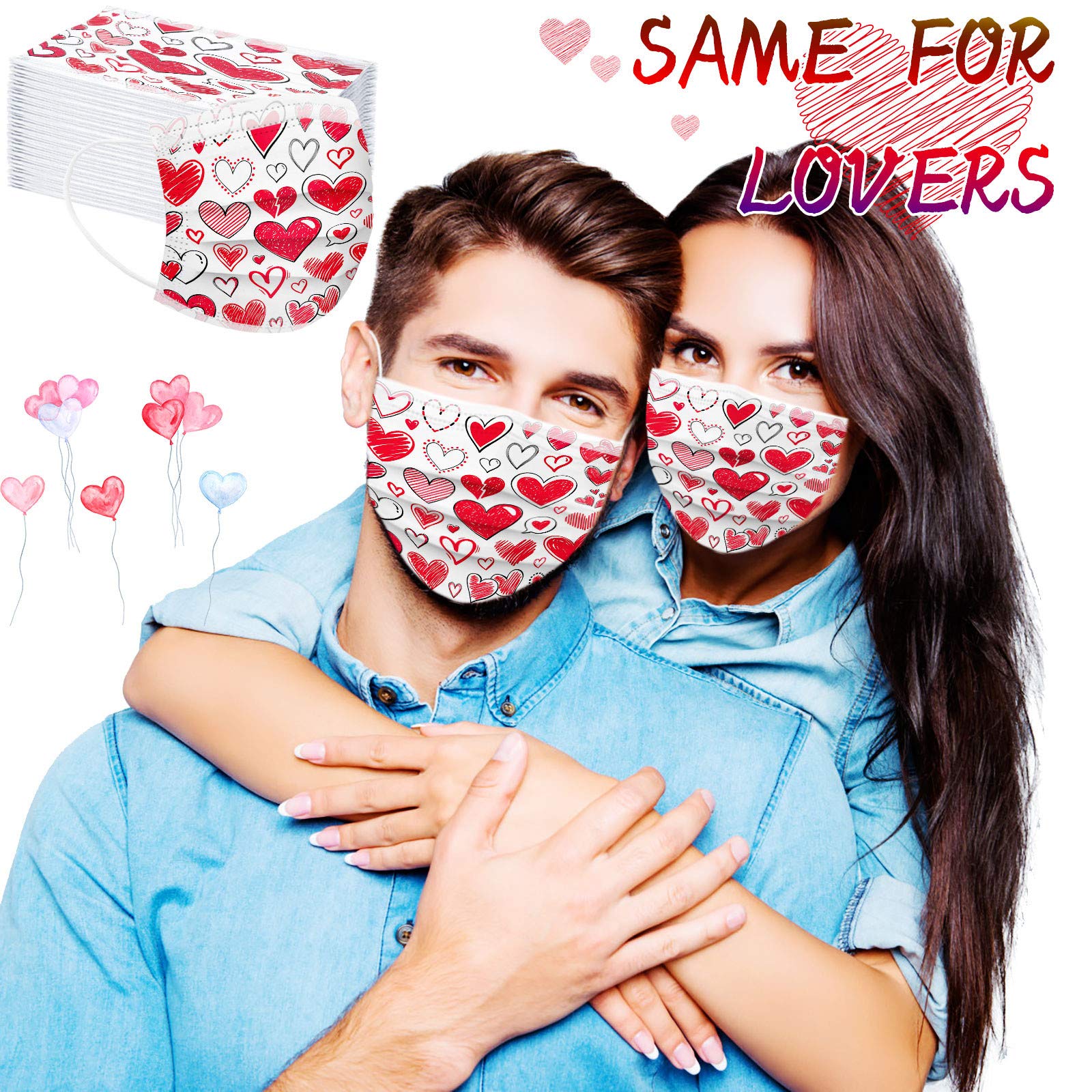 Wtosuhe 50PC Adults Valentines Day Disposable FaceMasks with Pink Black Love Heart Designs, 3-Ply Holiday_ Mask with Nose Wire for Women Men