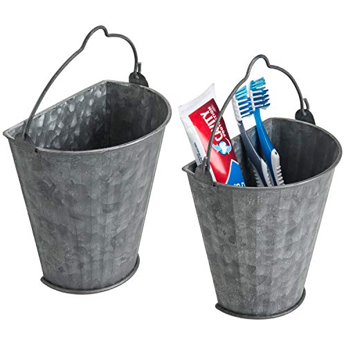 MyGift Wall Mounted Rustic Galvanized Metal Bathroom Toothbrush Holder Toothpaste Holder Bins, Mini Decorative Toiletries and Accessories Storage Buckets, Set of 2