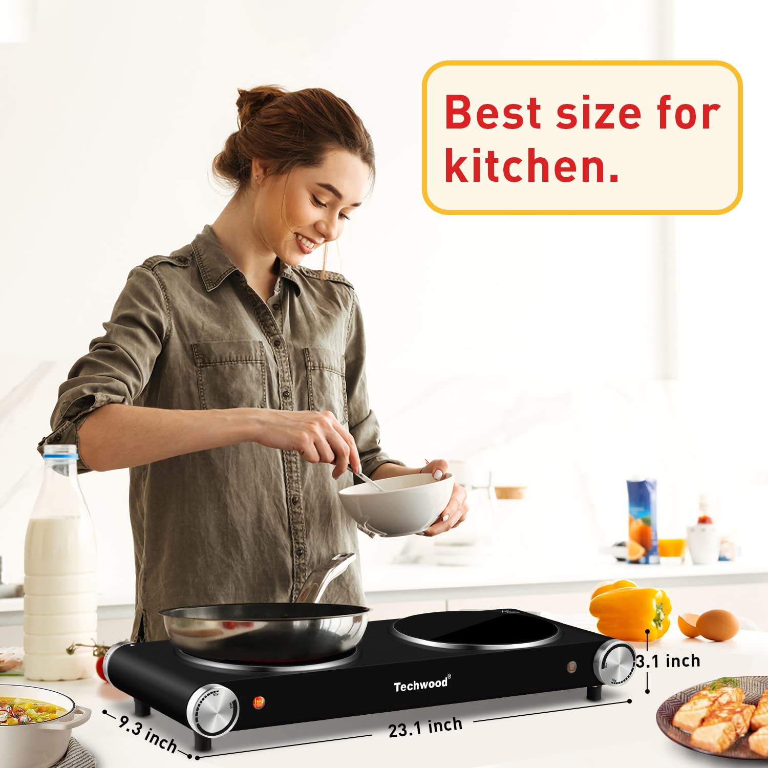 Hot Plate, Techwood 1800W Dual Electric Stove, Countertop Stove Double Burner for Cooking, Infrared Ceramic Hot Plates Double Cooktop, Brushed Stainless Steel Easy to Clean Upgraded Version, Black