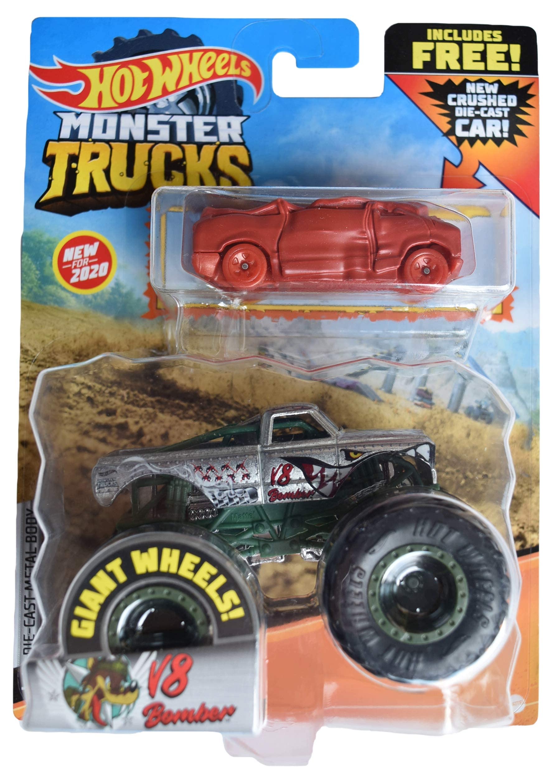 Hot Wheels Monster Trucks V8 Bomber, Includes New Crushed Car 1:64 Scale