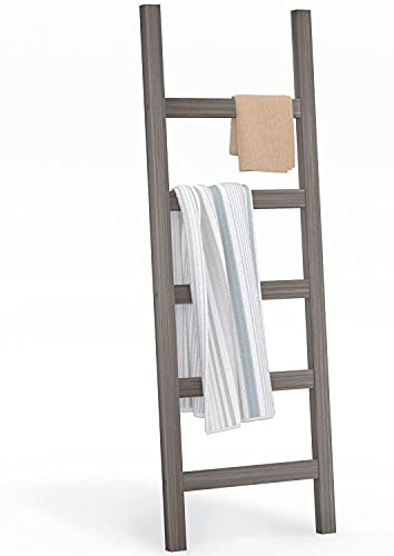 Ballucci Blanket Ladder, 5-Tier Towel Rack, Wood Decorative Ladder Shelf for Blankets, Throws, Quilts in Bathroom, Living Room, Bedroom, 54" Tall - Rustic Gray