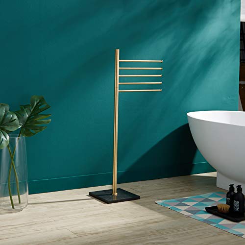 KALYSTE Freestanding Towel Drying Rack β Bathroom Brass Towel Holder Stand, 5 Swivel Arm Rectangle Marble Base 38.8Γ9.85 Inch, Modern Brushed Gold Bath Towel Stand. (Black Base)