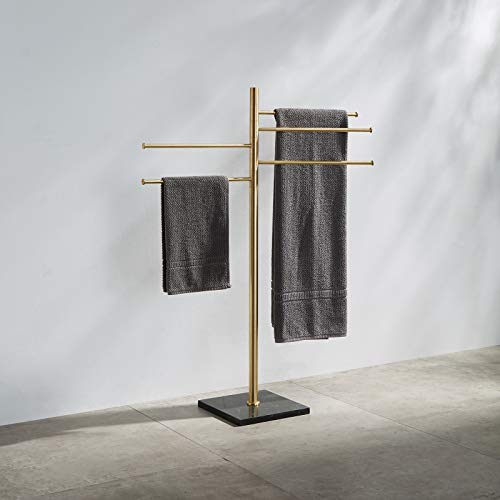 KALYSTE Freestanding Towel Drying Rack β Bathroom Brass Towel Holder Stand, 5 Swivel Arm Rectangle Marble Base 38.8Γ9.85 Inch, Modern Brushed Gold Bath Towel Stand. (Black Base)