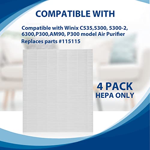 Fizerneer 115115 Size 21 Replacement Filter A Compatible with Winix C535 C909, Winix PlasmaWave 5300, 6300, 5300-2, 6300-2, P300 Plasma wave Air Purifier, True HEPA Filter Only 4 Pack