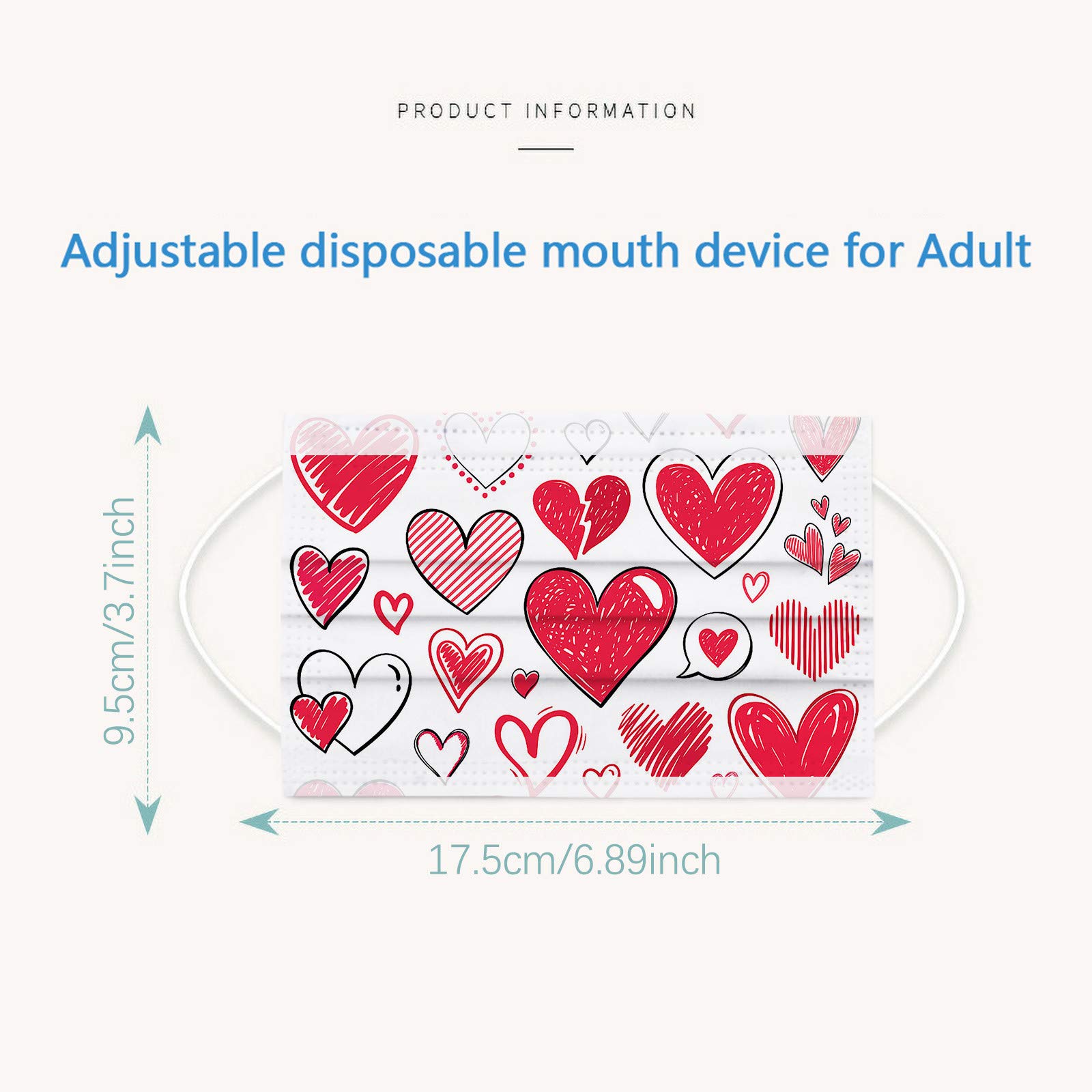 Wtosuhe 50PC Adults Valentines Day Disposable FaceMasks with Pink Black Love Heart Designs, 3-Ply Holiday_ Mask with Nose Wire for Women Men
