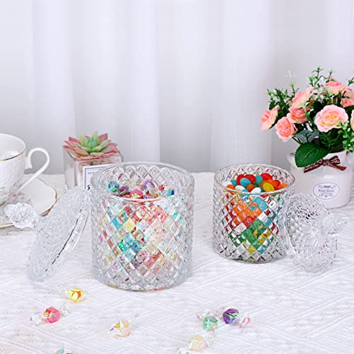 BTSKY Set of 2 Crystal Decorative Jars Glass Qtip Holder with Lids Clear Cotton Swab Holder Apothecary Jar for Bathroom Canisters Classy Candy Dish Decor Jewelry Box for Office Vanity, Large+Small