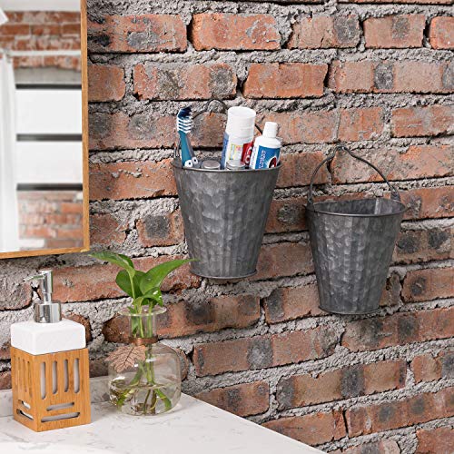 MyGift Wall Mounted Rustic Galvanized Metal Bathroom Toothbrush Holder Toothpaste Holder Bins, Mini Decorative Toiletries and Accessories Storage Buckets, Set of 2