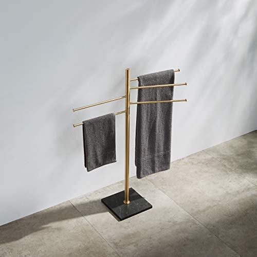 KALYSTE Freestanding Towel Drying Rack β Bathroom Brass Towel Holder Stand, 5 Swivel Arm Rectangle Marble Base 38.8Γ9.85 Inch, Modern Brushed Gold Bath Towel Stand. (Black Base)