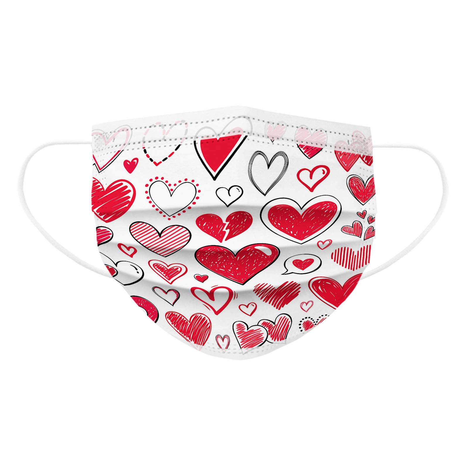 Wtosuhe 50PC Adults Valentines Day Disposable FaceMasks with Pink Black Love Heart Designs, 3-Ply Holiday_ Mask with Nose Wire for Women Men