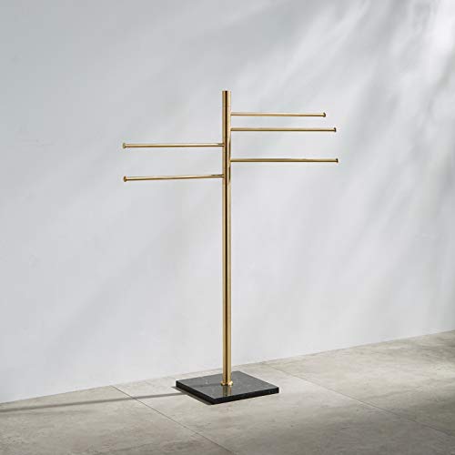 KALYSTE Freestanding Towel Drying Rack β Bathroom Brass Towel Holder Stand, 5 Swivel Arm Rectangle Marble Base 38.8Γ9.85 Inch, Modern Brushed Gold Bath Towel Stand. (Black Base)