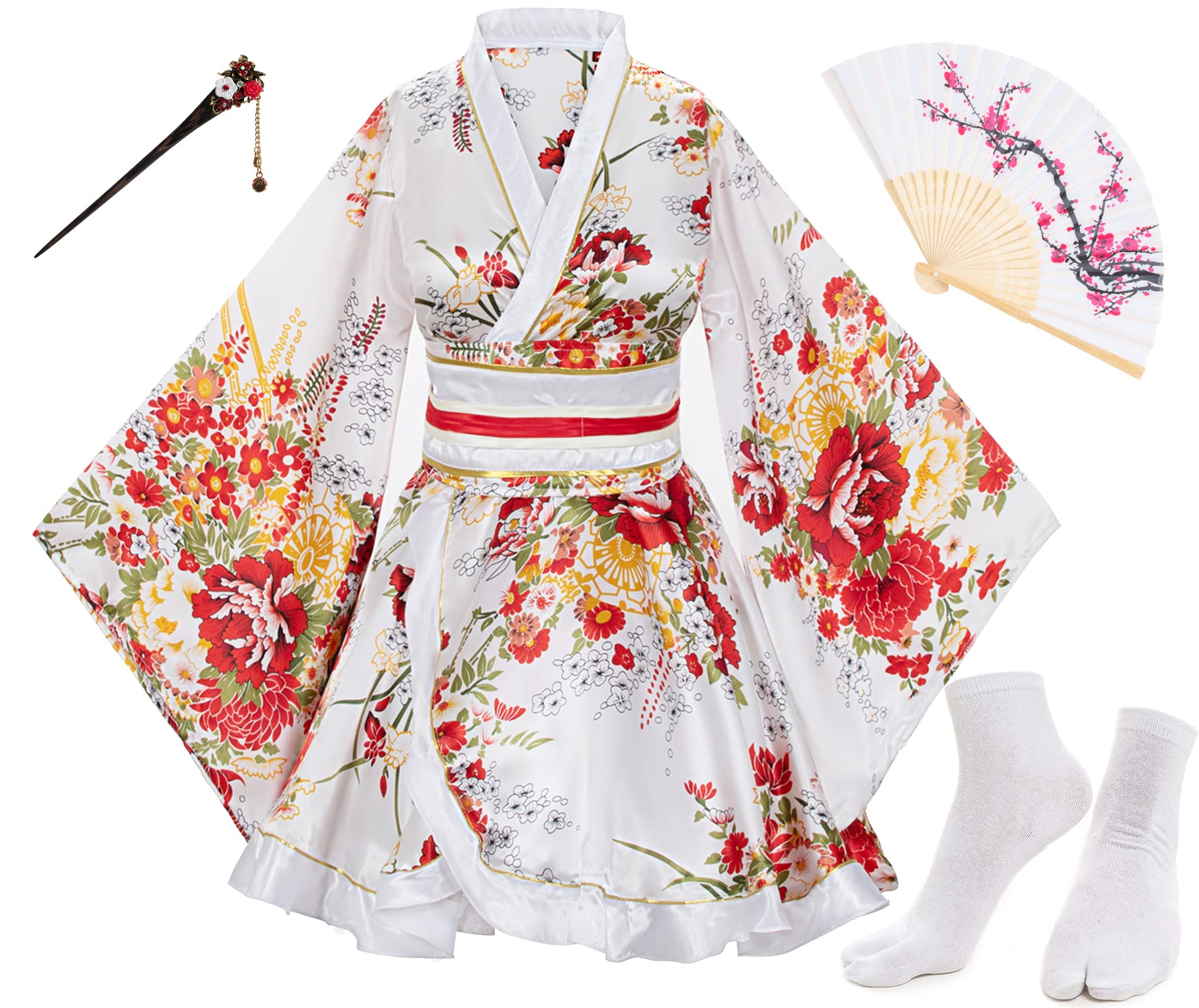 Japanese Anime Women's Dance Kimono Robe Fancy Dress Yukata Silk Folding Fans Tabi Hairstick Socks Set White Large