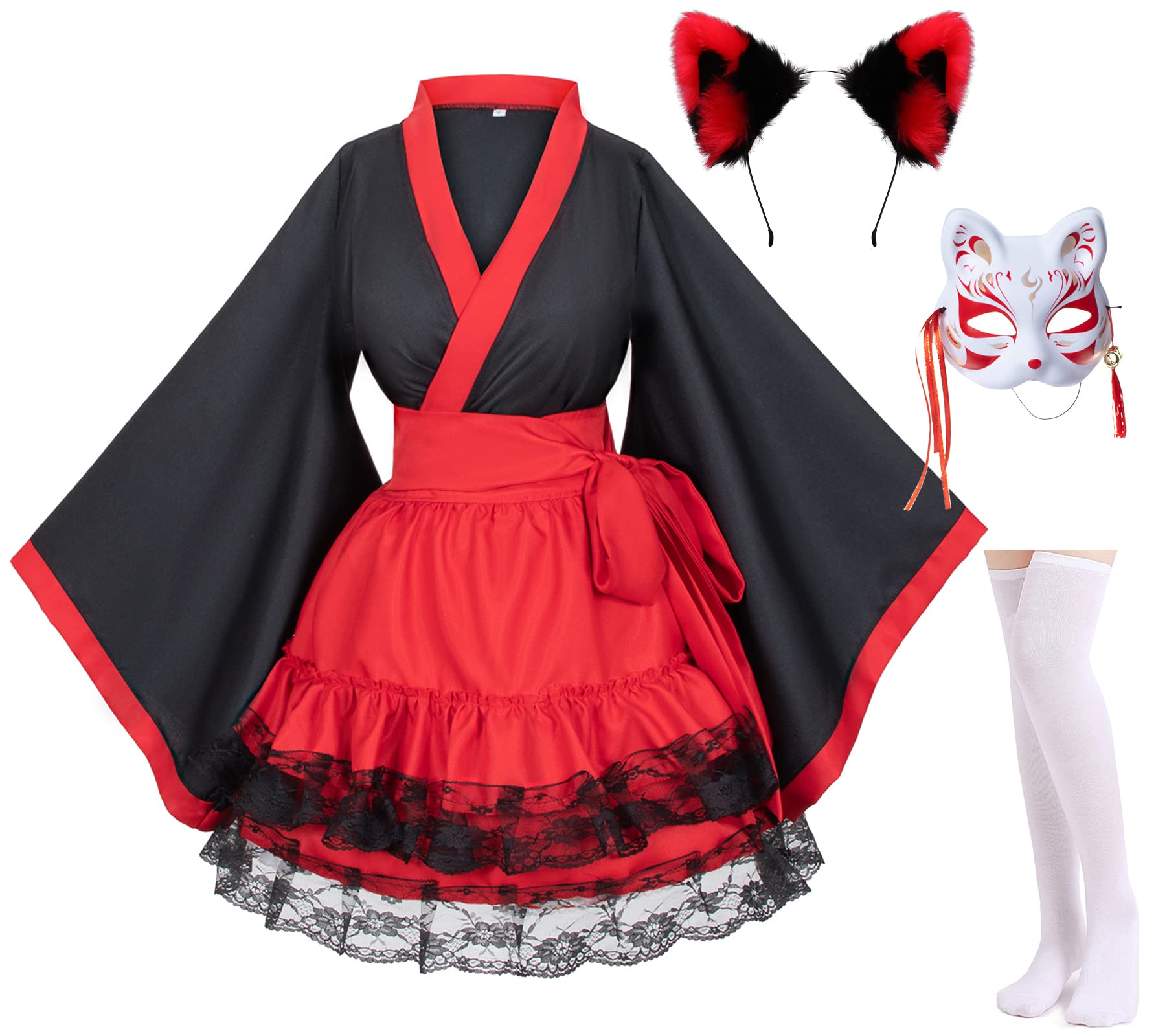 Elibelle Japanese anime red and Black kimono fox cosplay costume Furry Fox Ear with socks L
