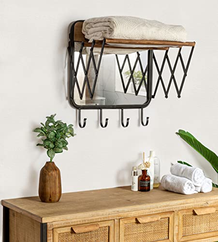 Wall Mirror Accordion Clothes Drying Rack, Laundry Wall Mount Retractable Towel Rack, 3 Bars, Mirror & 4 Hooks, Clothes Save Space Storage, Best for Laundry Room, Mudroom, Bathroom, Father's Day