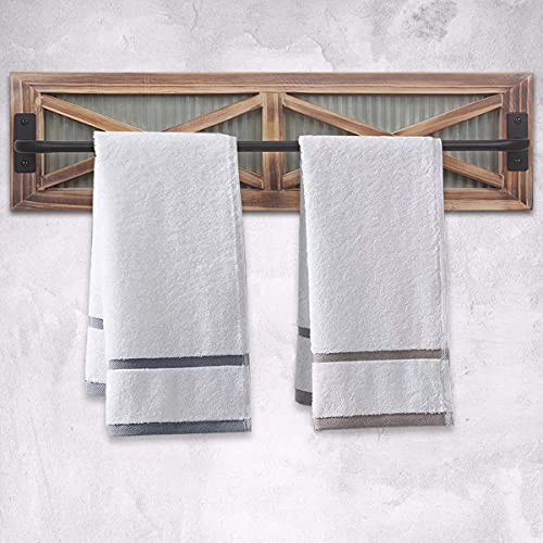 Livoccur Rustic Towel Rack, Wall Mounted Tower Holder with Whitewashed Wood Barn Door and Galvanized Decor, Hanging Towel Bar for Bathroom Towels, Robes, Kitchen Storage Organizer Rack