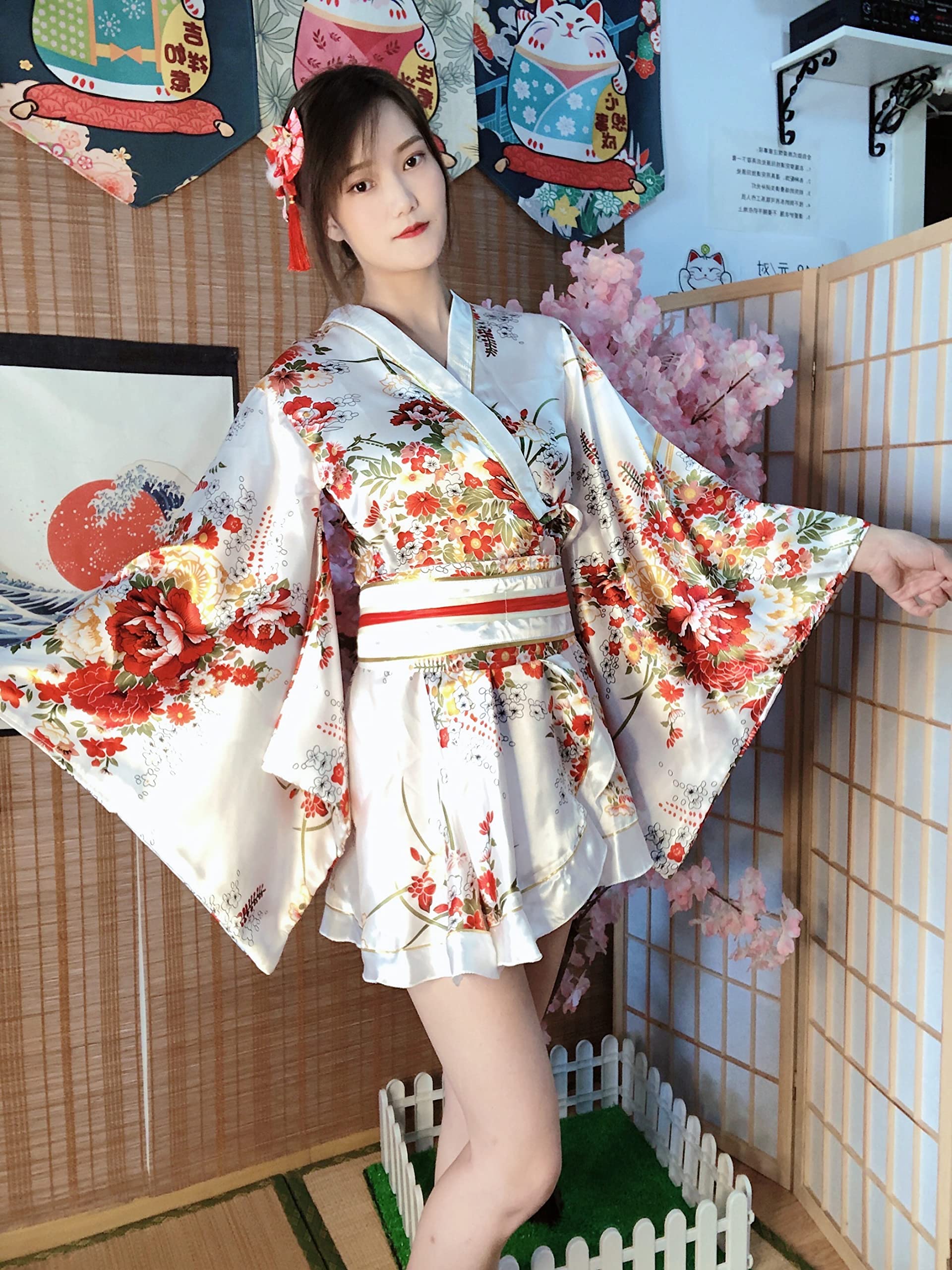 Japanese Anime Women's Dance Kimono Robe Fancy Dress Yukata Silk Folding Fans Tabi Hairstick Socks Set White Large