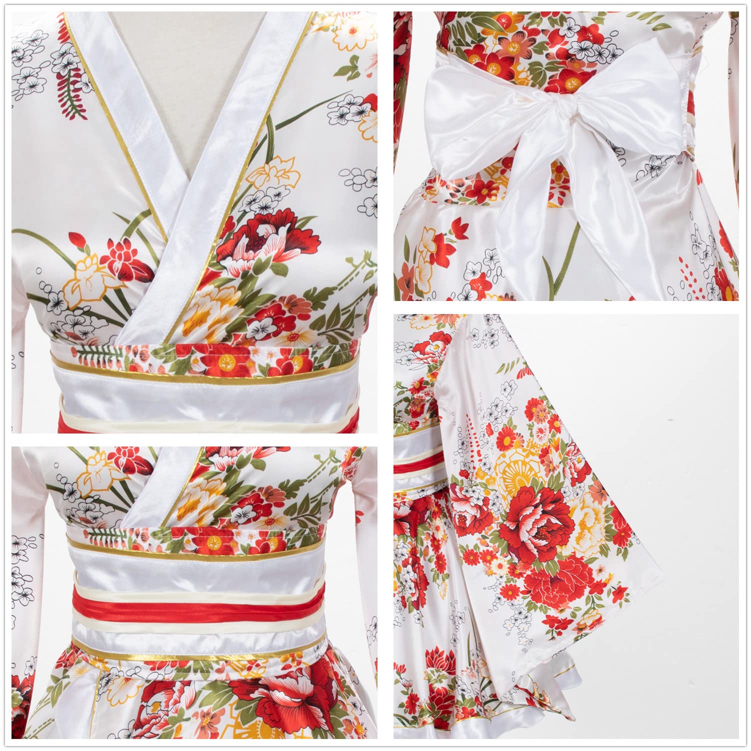 Japanese Anime Women's Dance Kimono Robe Fancy Dress Yukata Silk Folding Fans Tabi Hairstick Socks Set White Large