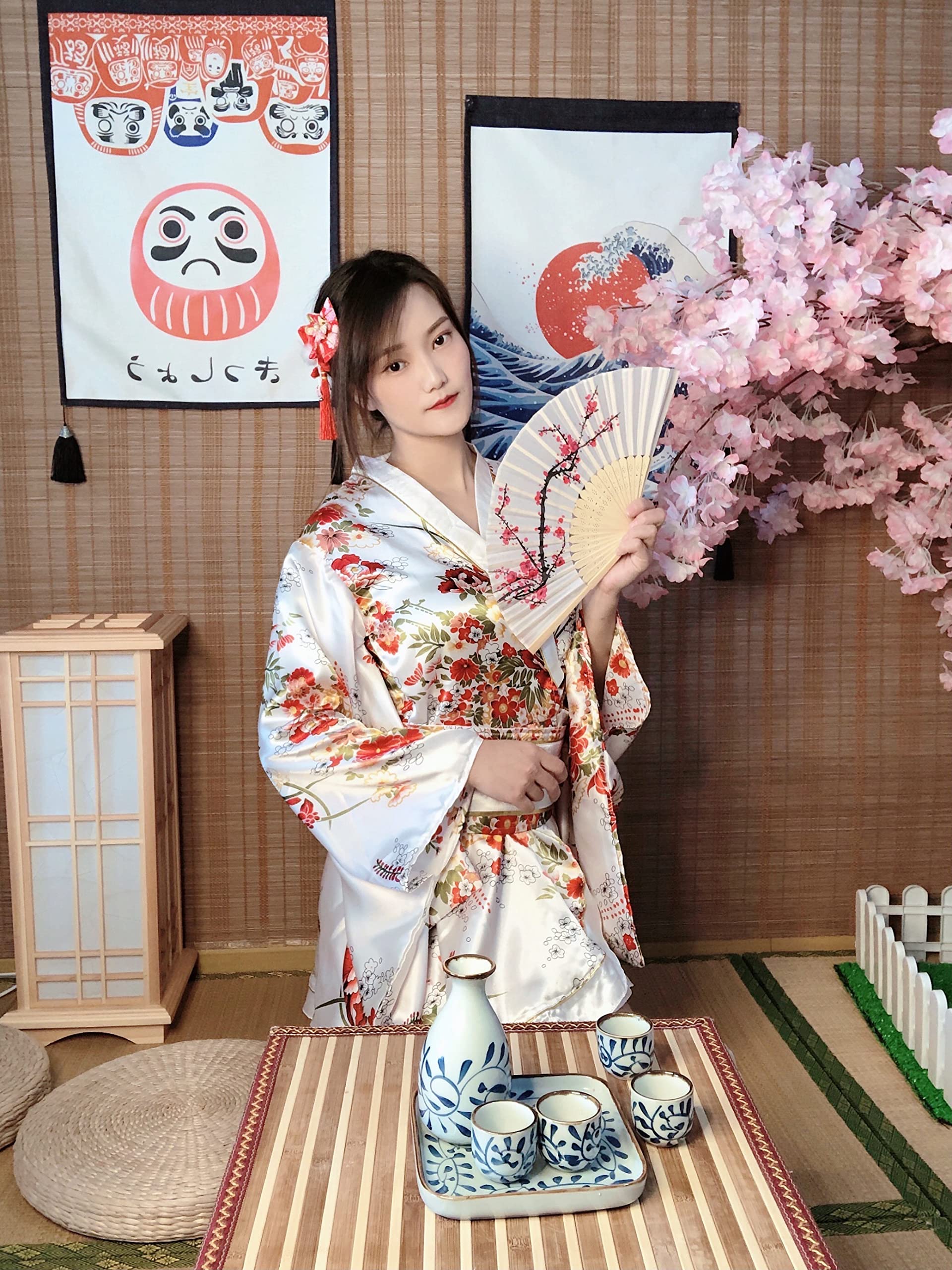 Japanese Anime Women's Dance Kimono Robe Fancy Dress Yukata Silk Folding Fans Tabi Hairstick Socks Set White Large