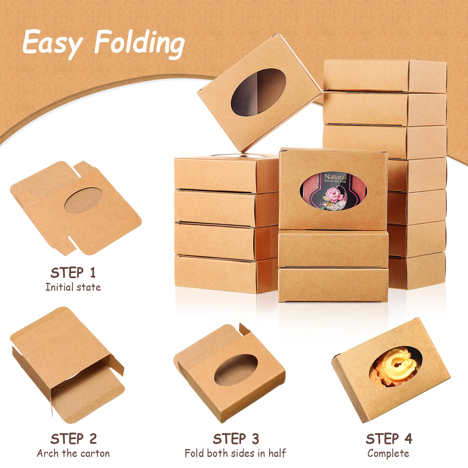 Spakon 30 Pcs Soap Boxes for Homemade Soap, 3.78 x 2.76 x 1.18'' Soap Box with Window, 4 Colors Kraft Soap Packaging Boxes Supplies Soap Making for Bakery Candy(Brown)