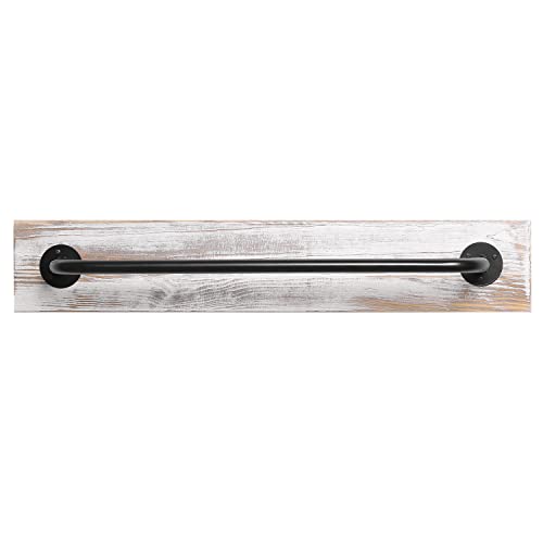 MyGift 24-inch Industrial Black Metal Towel Bar Rack with Vintage White Wood Wall Mount Bathroom Towel Holder