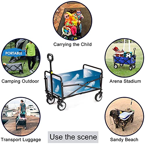 Collapsible Wagon Cart A White Feathers Bird Floating in The Sky Feather Abstract in Freedom Foldable Utility Wagon Large Capacity Garden Cart with Push Bar for Beach Camp Outdoor Shopping