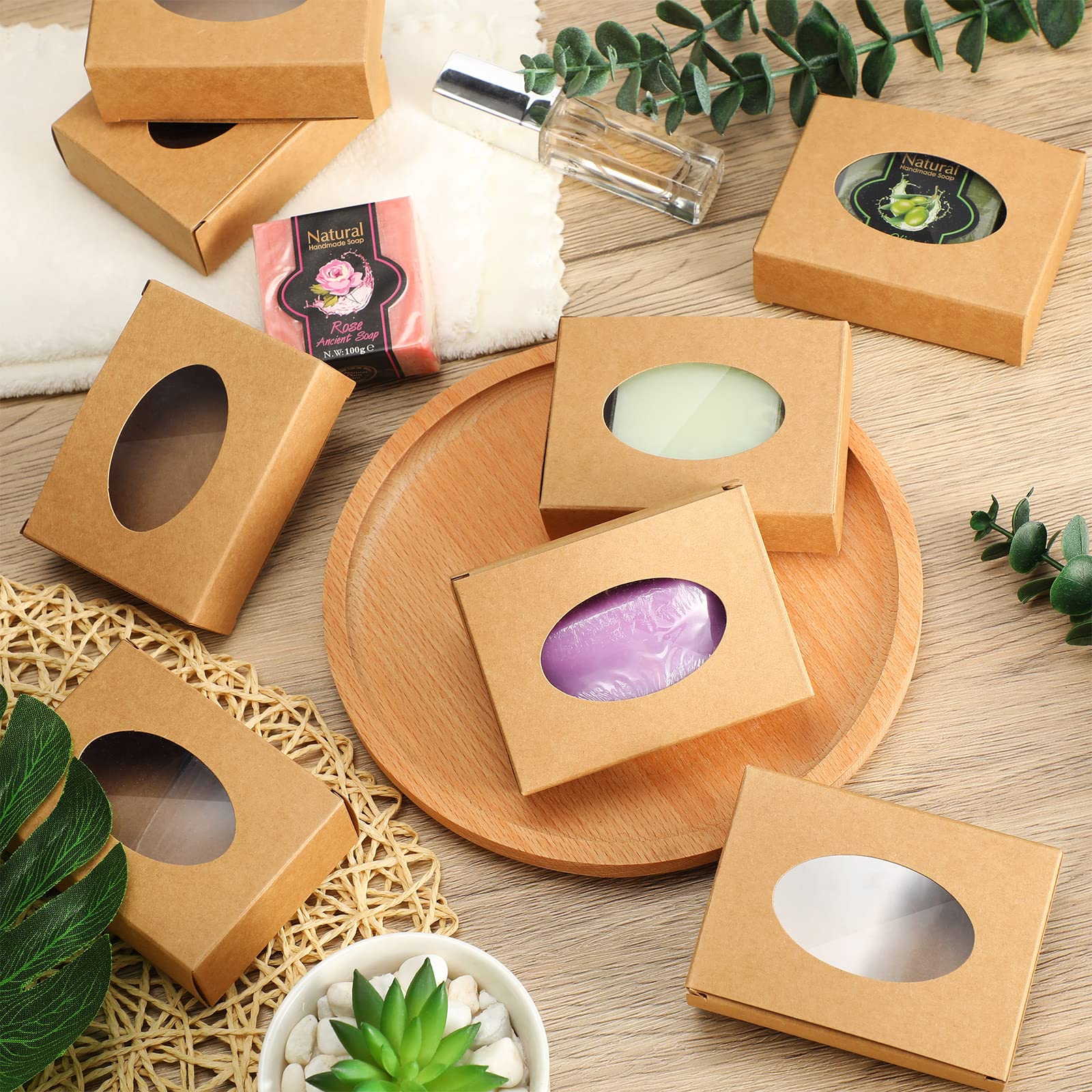 Spakon 30 Pcs Soap Boxes for Homemade Soap, 3.78 x 2.76 x 1.18'' Soap Box with Window, 4 Colors Kraft Soap Packaging Boxes Supplies Soap Making for Bakery Candy(Brown)