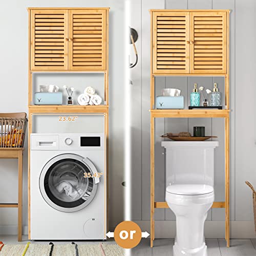 Bamboo Over The Toilet Storage Cabinet Organizer, Tall Bathroom Cabinet with Cupboard and Adjustable Shelves, Freestanding Toilet Shelf Space Saver Rack Stand for Laundry Room, Balcony (Natural)