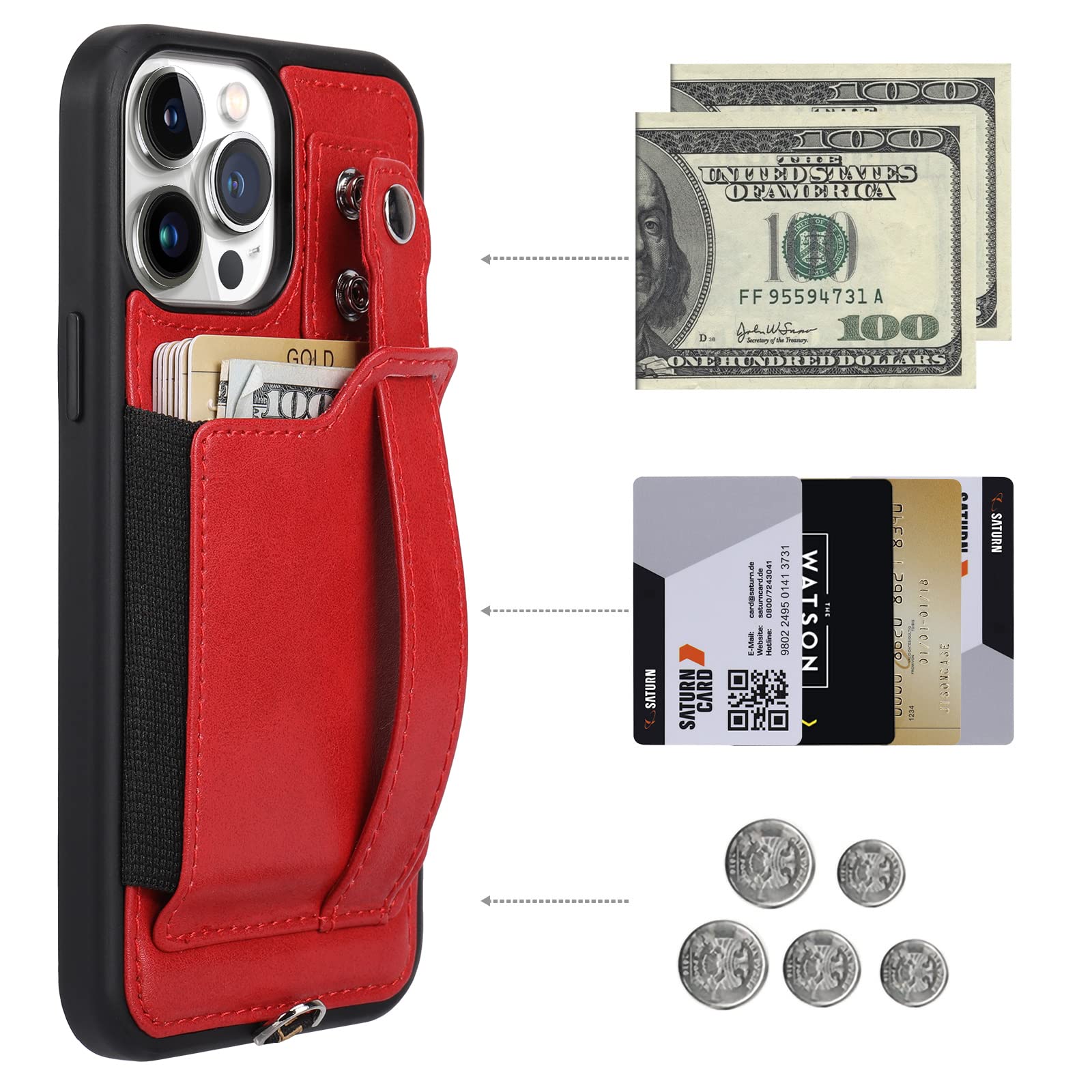 TOOVREN iPhone 13 Pro Max Case Wallet, Compatible with iPhone 13 Pro Max Case with Card Holder Kickstand Adjustable Detachable Necklace, iPhone Lanyard for iPhone 13 Pro Max 6.7 inch 2021 Red