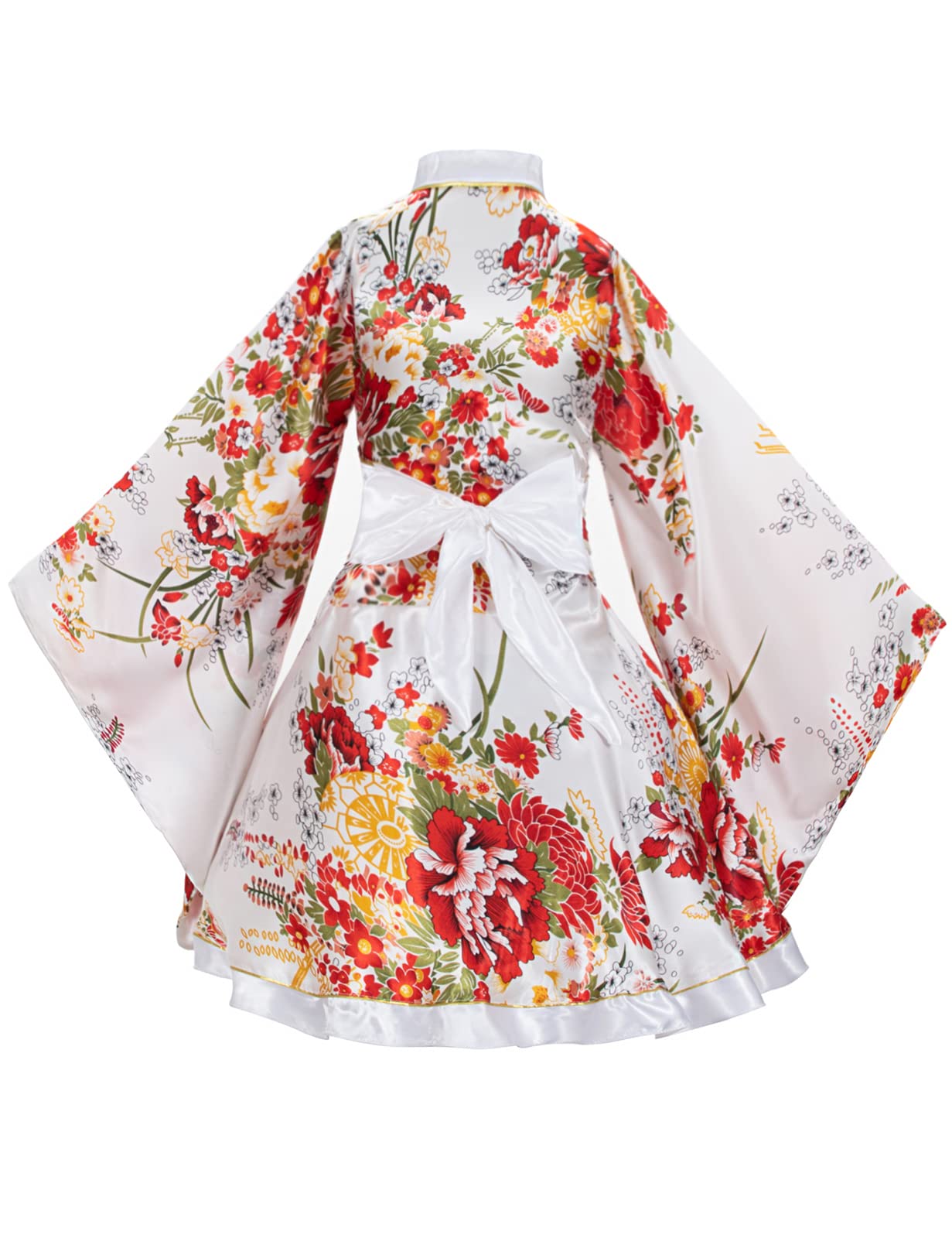 Japanese Anime Women's Dance Kimono Robe Fancy Dress Yukata Silk Folding Fans Tabi Hairstick Socks Set White Large