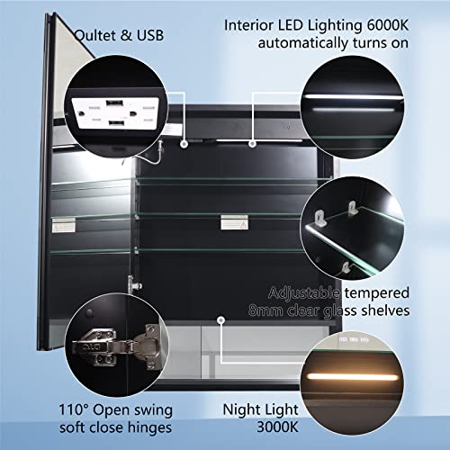 ExBrite Lighted Medicine Cabinet 24 x 32 Inch, Recessed or Surface led Medicine Cabinet, External Storage,Defog,Night Light,Stepless Dimming,3000K-6400K, Outlets & USBs,Hinge on The Left